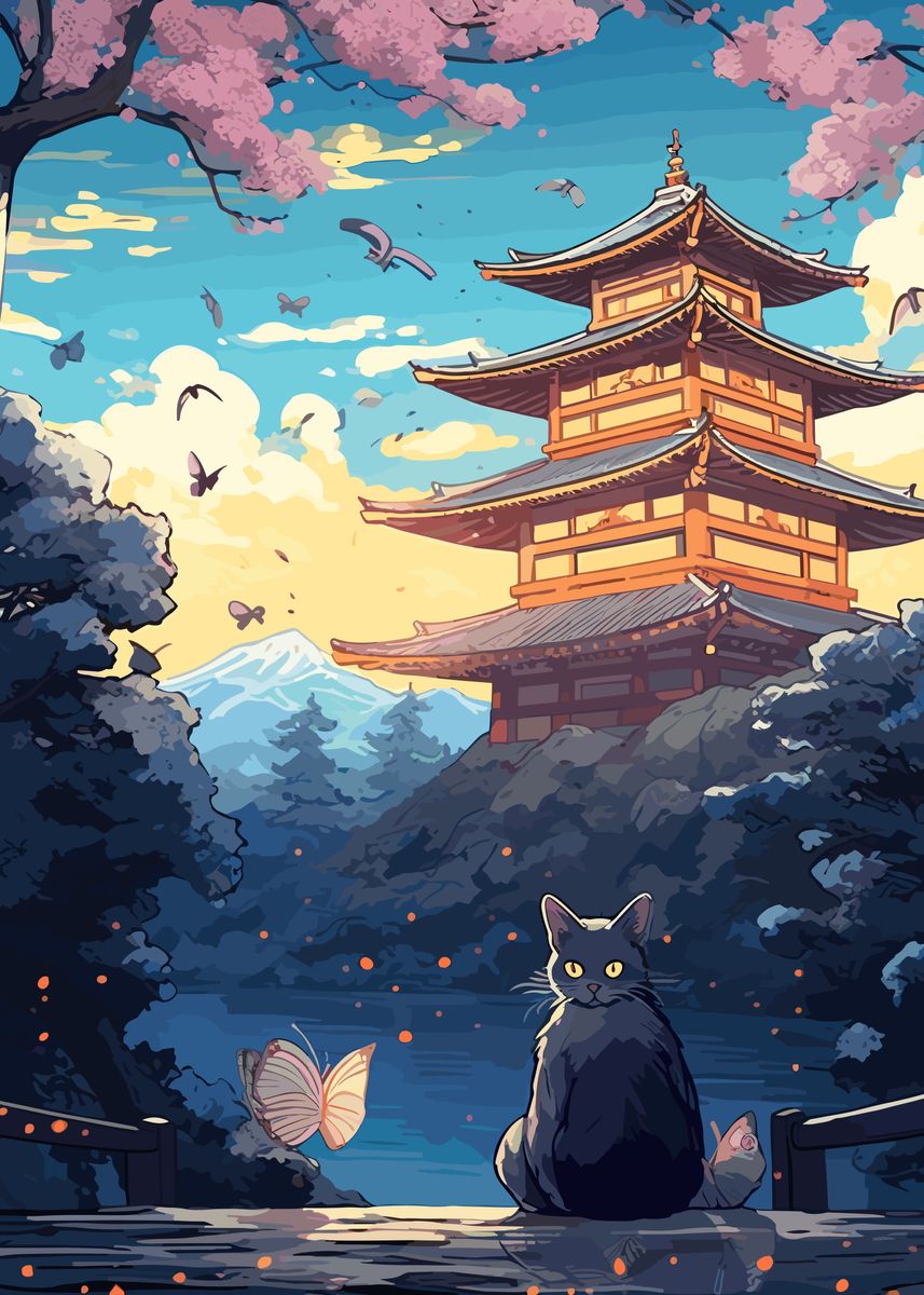 'The Moon Night Cat Japan' Poster, picture, metal print, paint by Ali ...