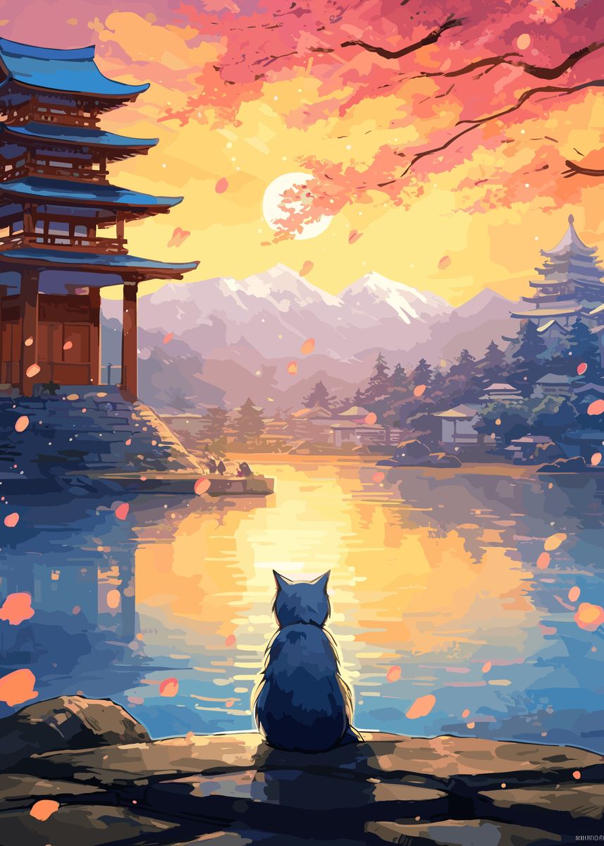 'The Moon Night Cat Japan' Poster, picture, metal print, paint by Ali Jane | Displate