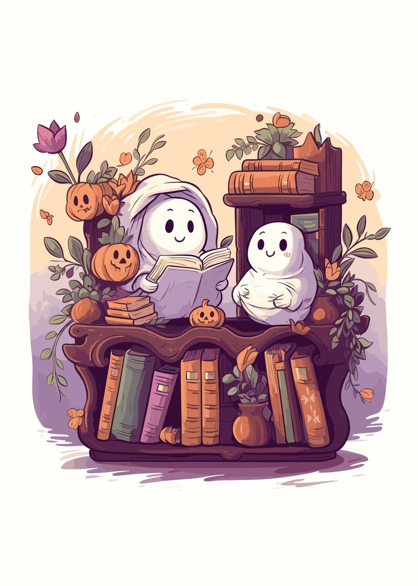 'Cute Ghosts Reading Books' Poster, picture, metal print, paint by ...