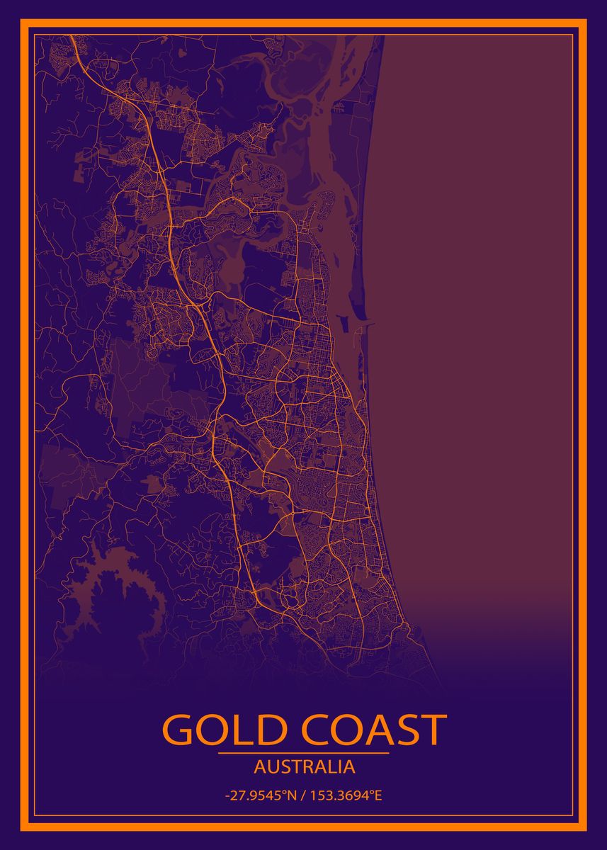 'Gold Coast Purple City Map' Poster, picture, metal print, paint by ...