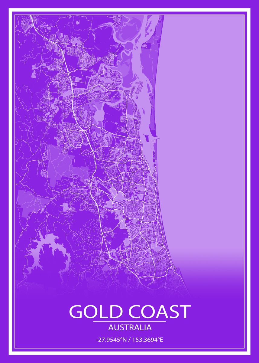'Gold Coast PurpleWhite Map' Poster by Wall Art Physical | Displate