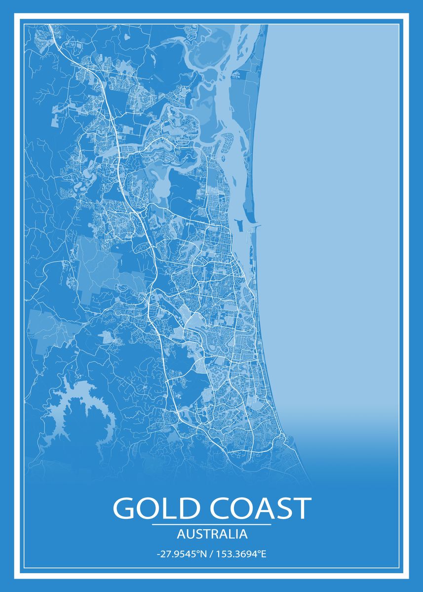'Gold Coast Blue White Map' Poster, picture, metal print, paint by Wall ...