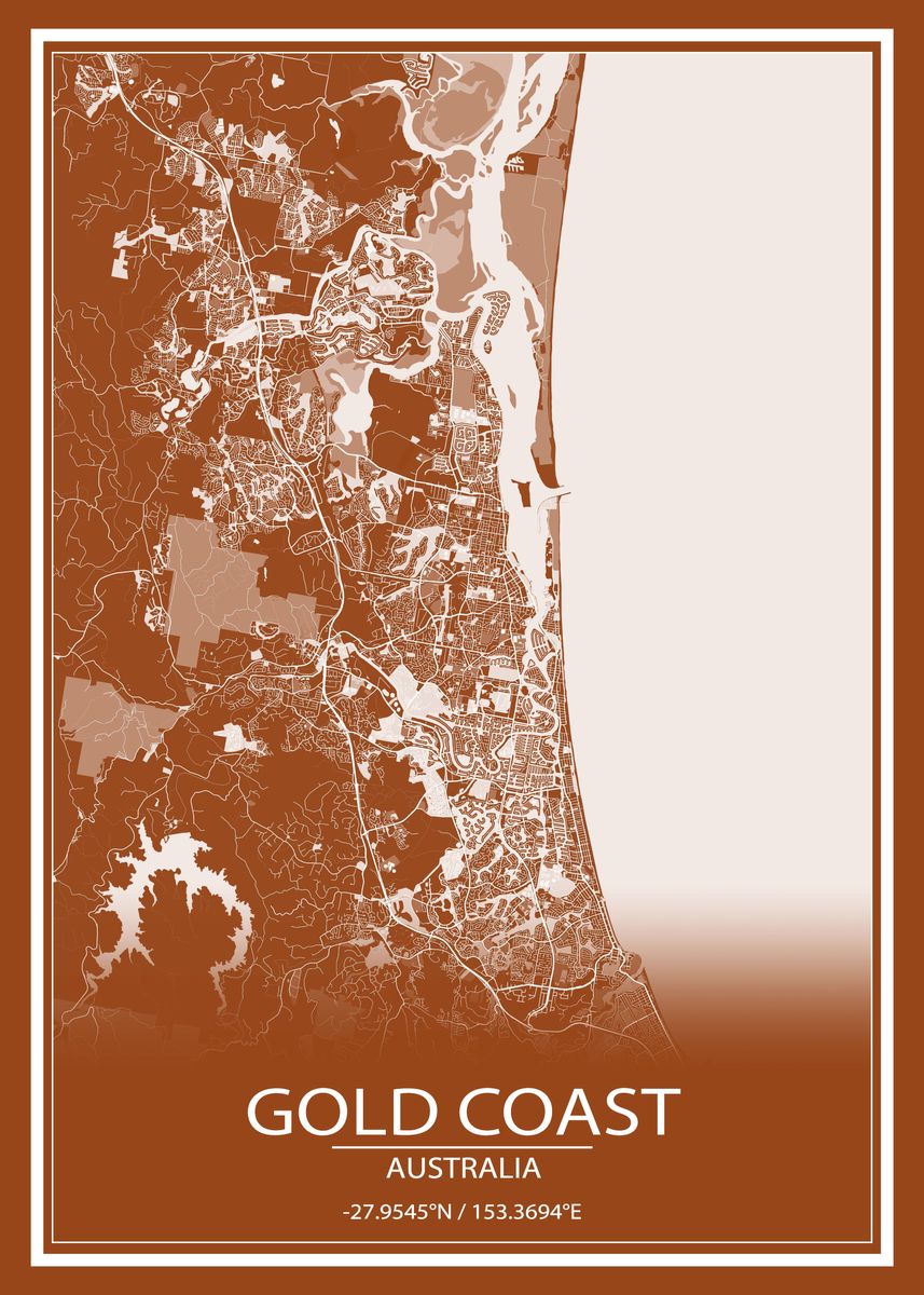 'Gold Coast Brown White Map' Poster, picture, metal print, paint by ...