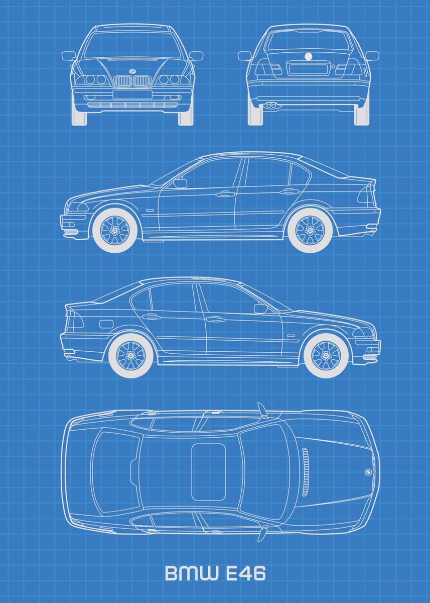 'BMW E46 Blueprint' Poster, picture, metal print, paint by Aleksandras ...
