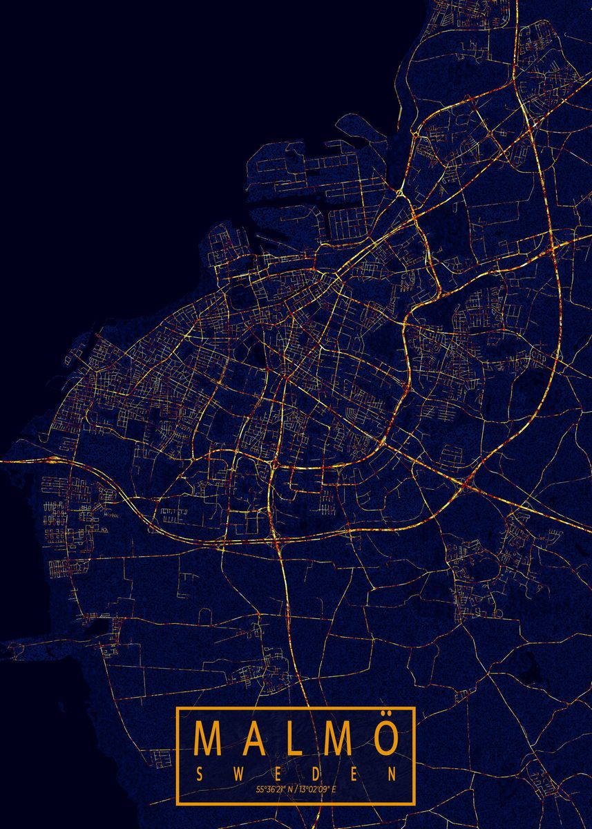 'Malmo Map City At Night' Poster, picture, metal print, paint by deMAP ...