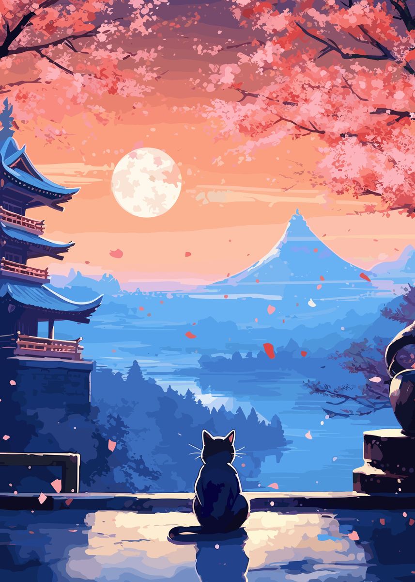 'The Moon Night Cat Japan' Poster, picture, metal print, paint by Ali ...