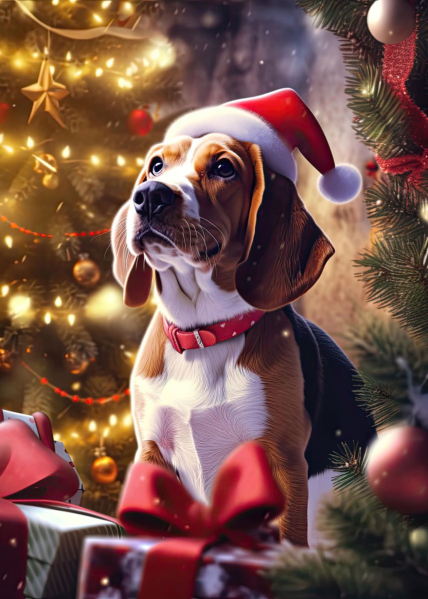 'Beagle Christmas' Poster, picture, metal print, paint by PetPrints | Displate