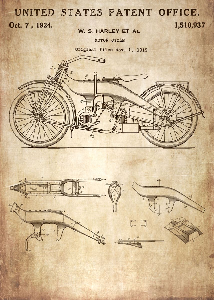'Vintage motorcycle patent ' Poster, picture, metal print, paint by Van ...