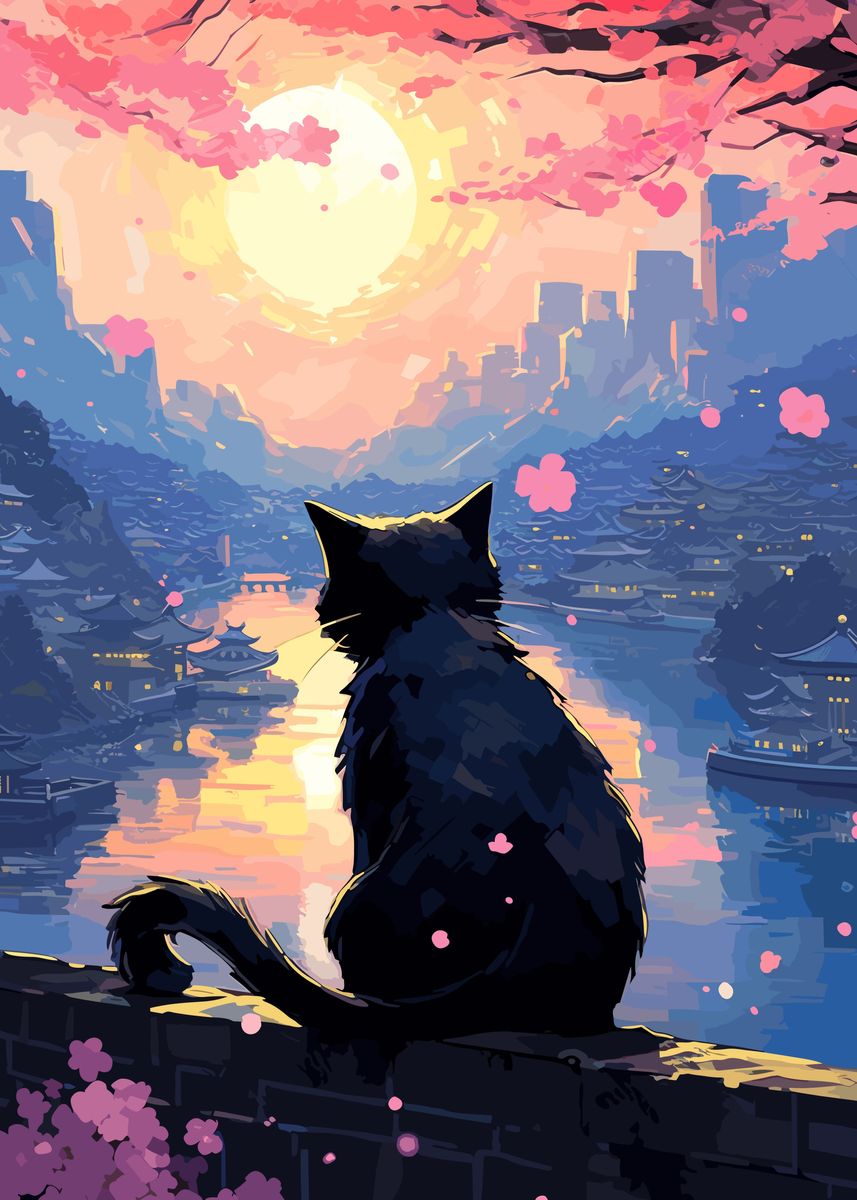 'The Moon Night Cat Japan' Poster, picture, metal print, paint by Ali Jane | Displate