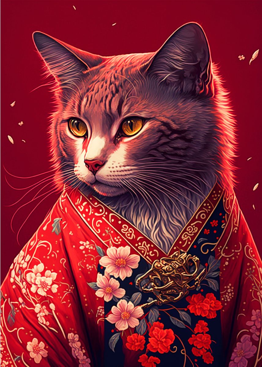 'Japan kimono Cat in Red' Poster, picture, metal print, paint by ...