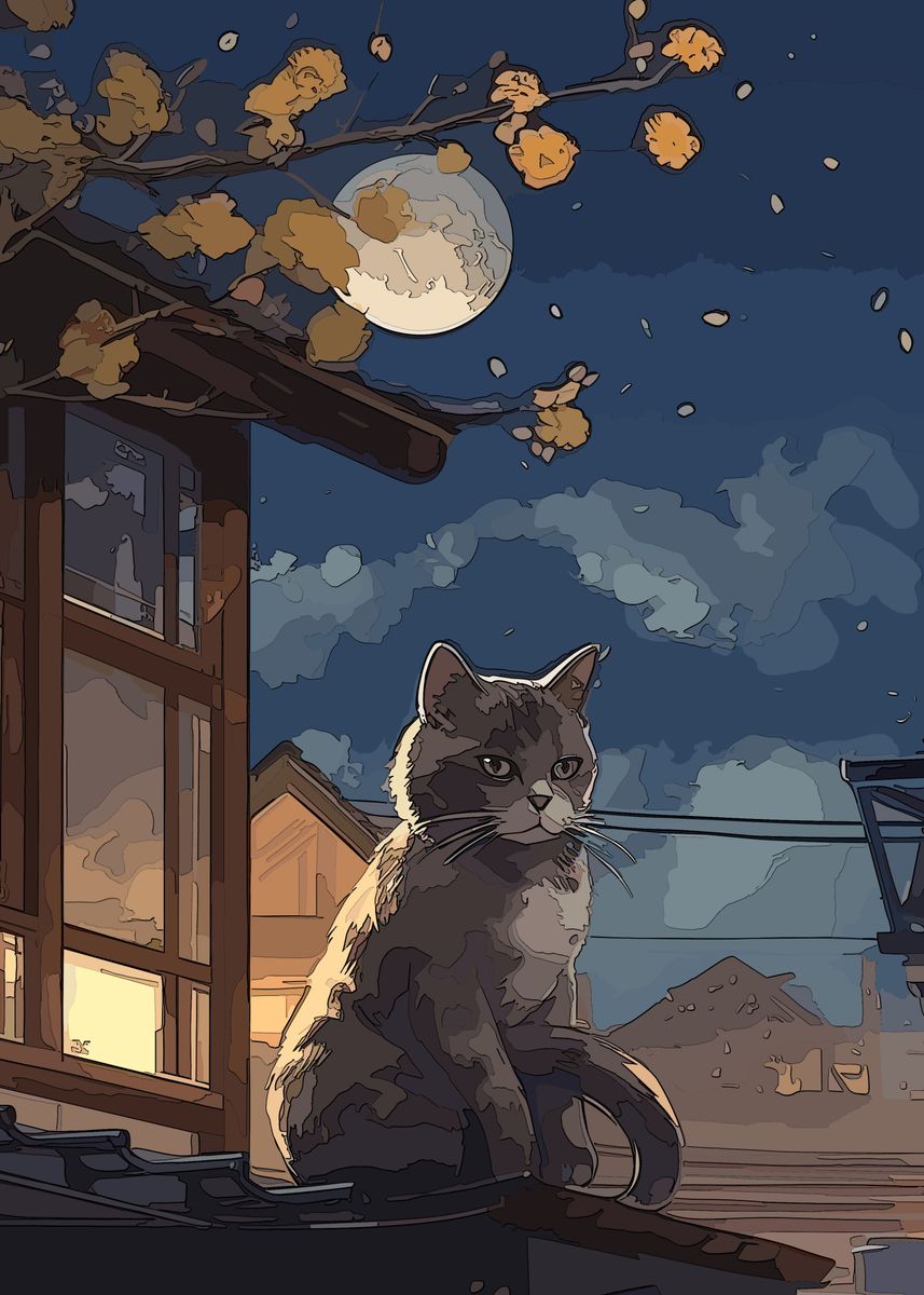 'cat japanese landscape' Poster, picture, metal print, paint by ...