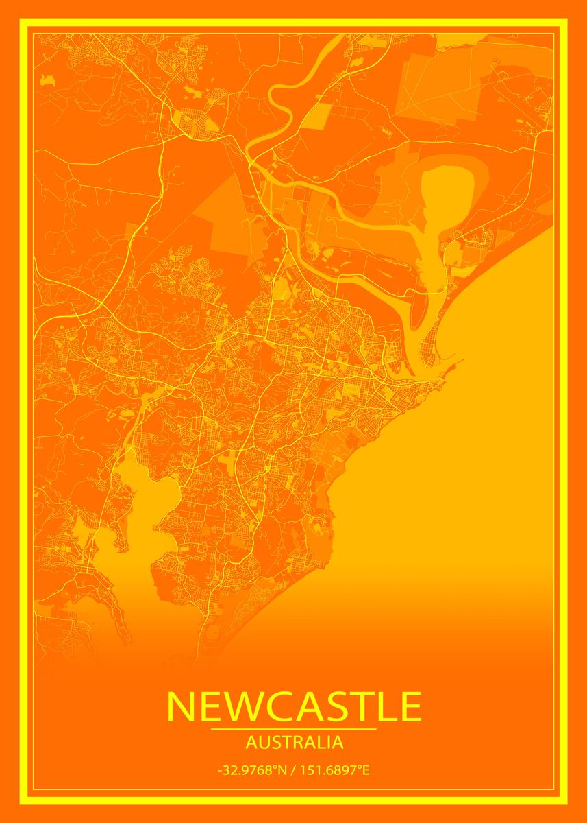 'Newcastle Orange City Map' Poster, picture, metal print, paint by Wall ...