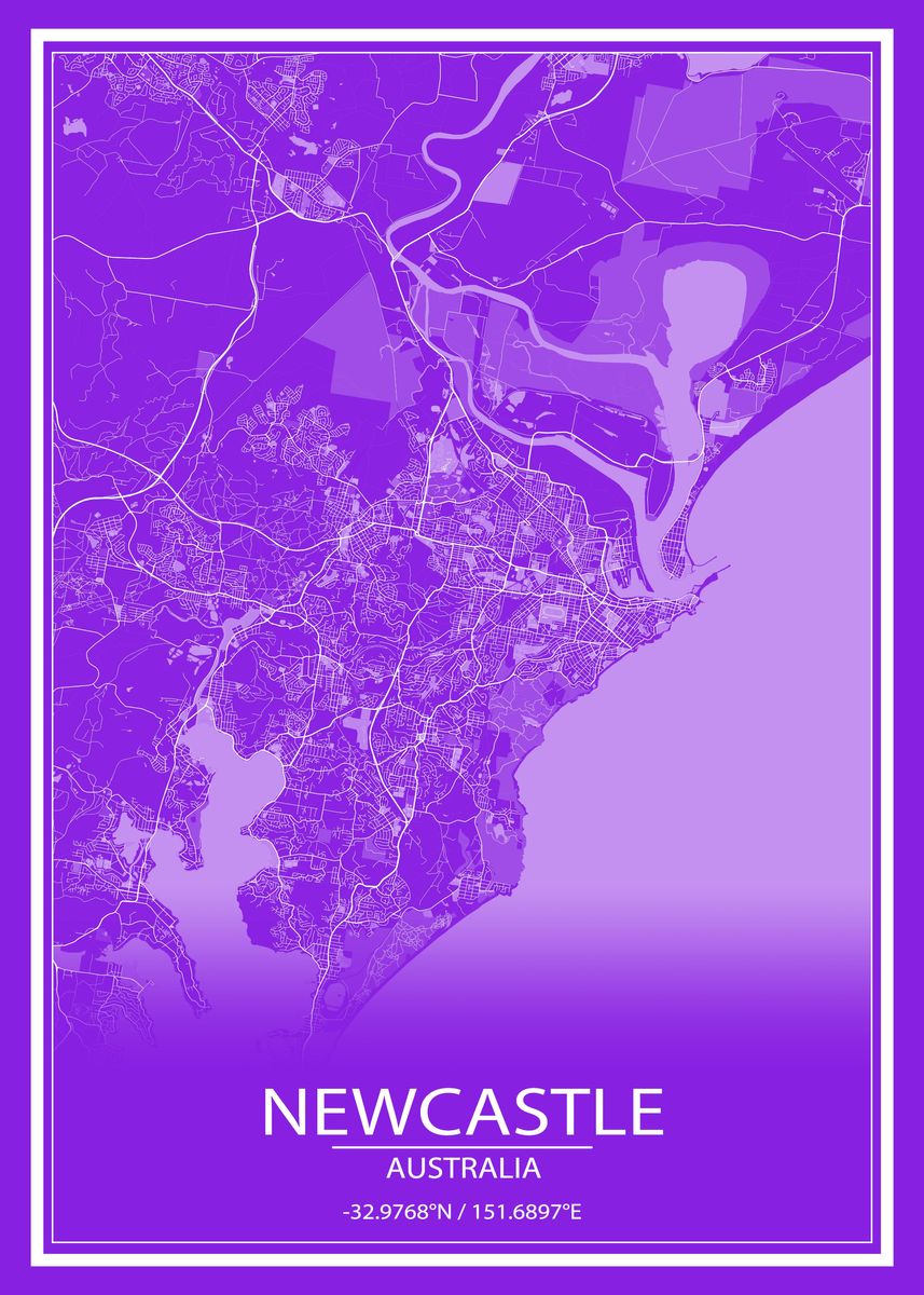 'Newcastle Purple White Map' Poster, picture, metal print, paint by ...