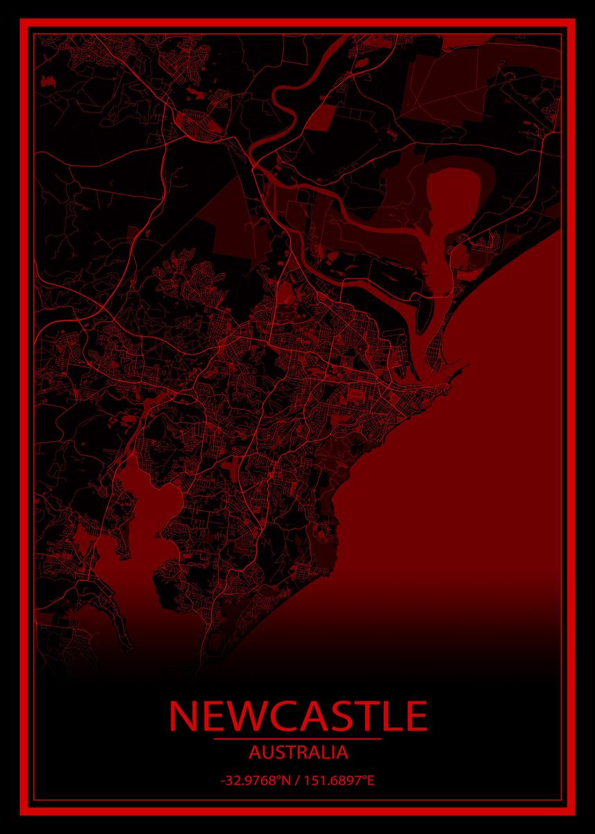'Newcastle Red Black Map' Poster, picture, metal print, paint by Wall ...