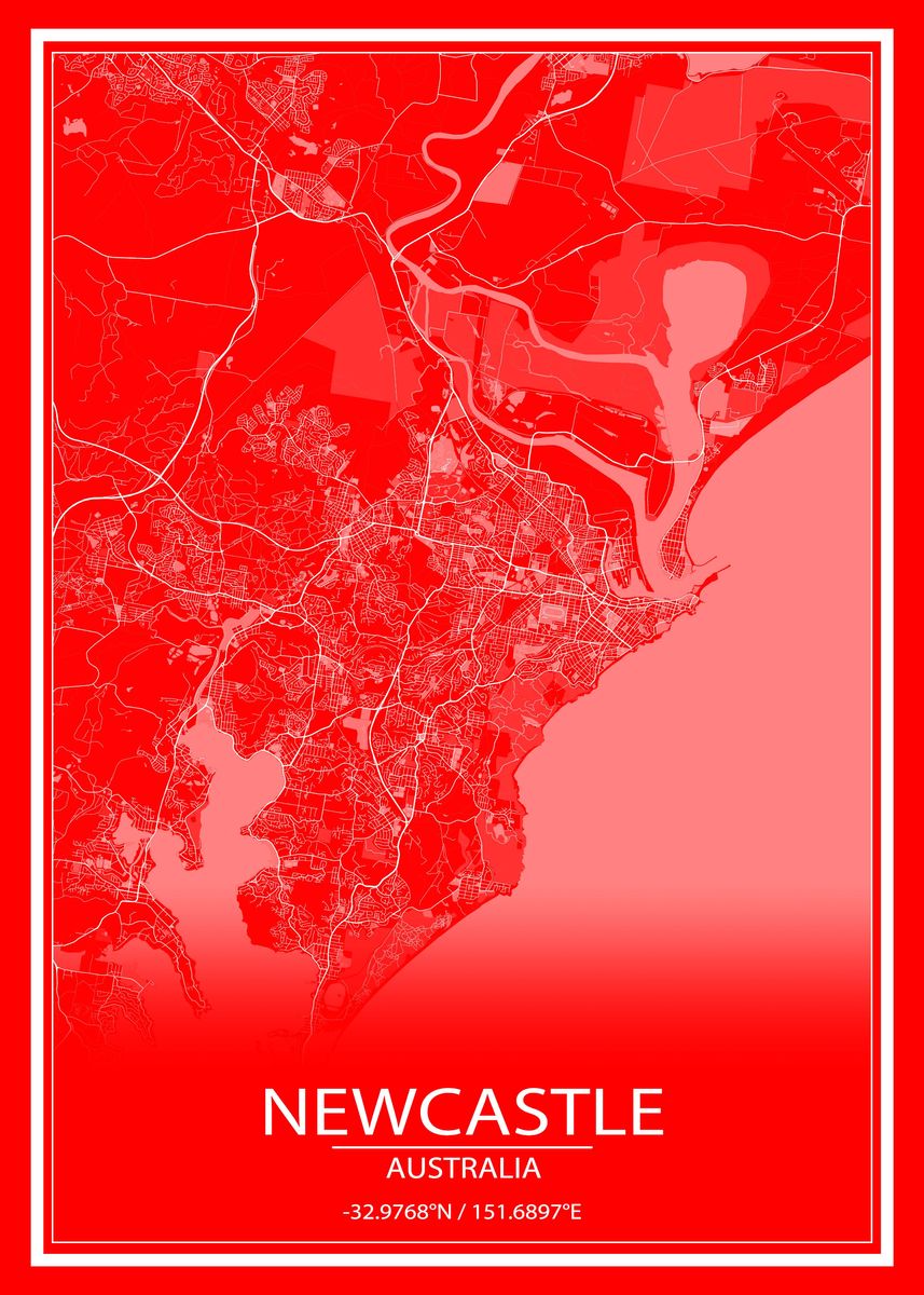 'Newcastle Red White Map' Poster, picture, metal print, paint by Wall ...