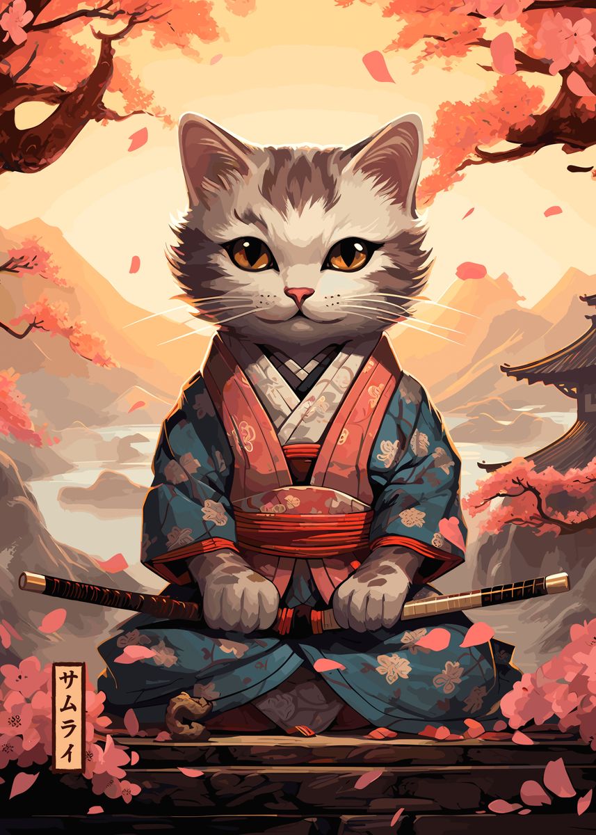 'Japanese Samurai Cat' Poster, picture, metal print, paint by ...