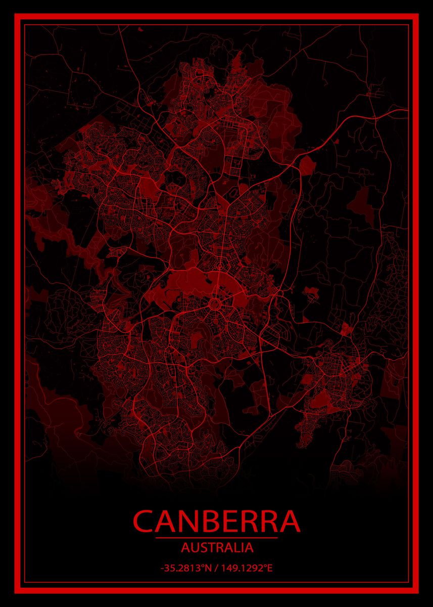 'Canberra Red and Black Map' Poster, picture, metal print, paint by ...