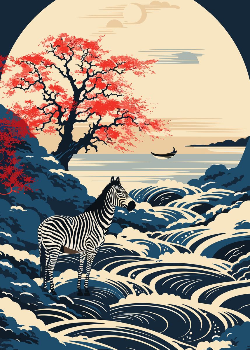 'Zebra Waves Japan Vibes' Poster by hamdanjaz | Displate