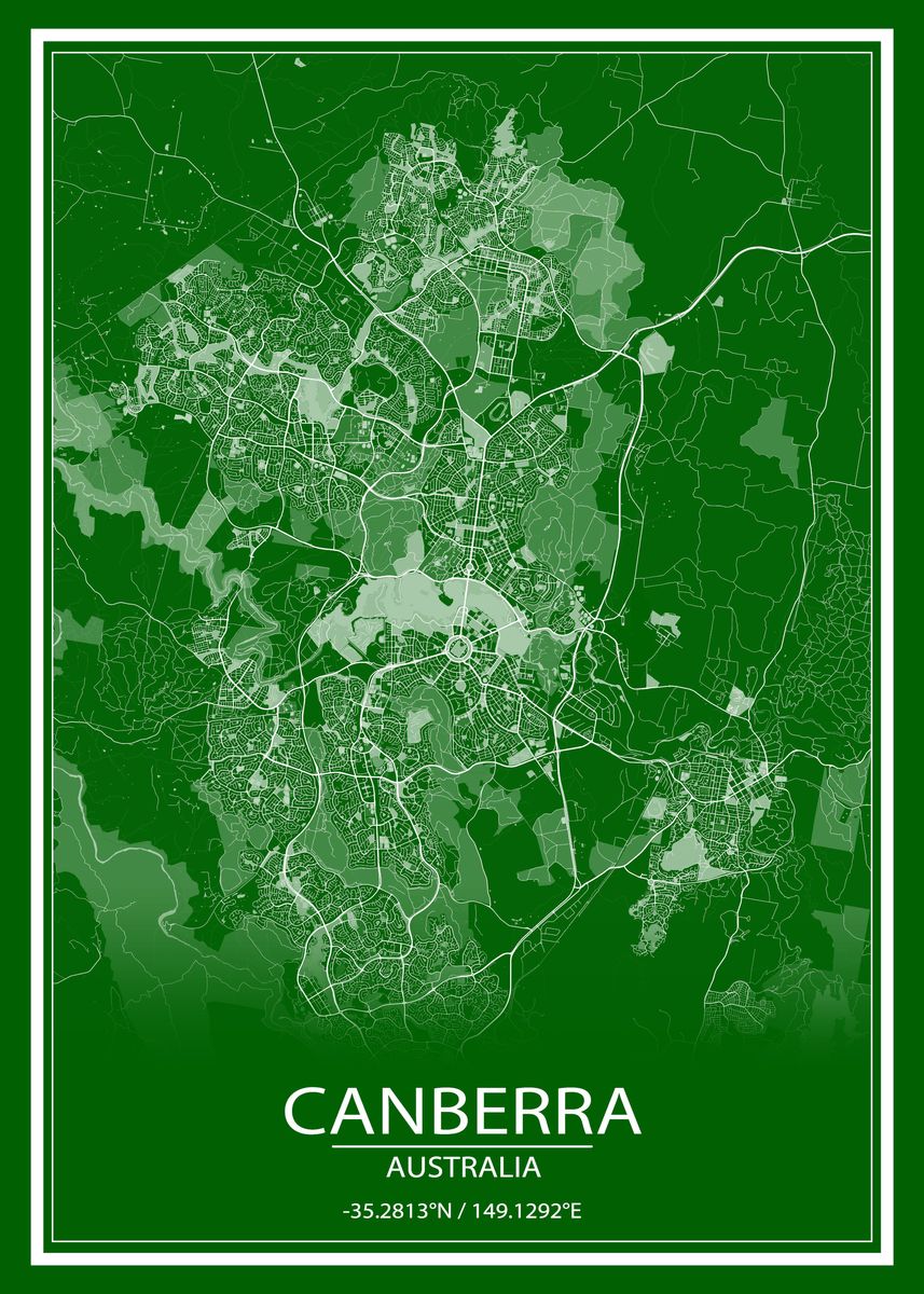 'Canberra Green White Map' Poster, picture, metal print, paint by Wall ...