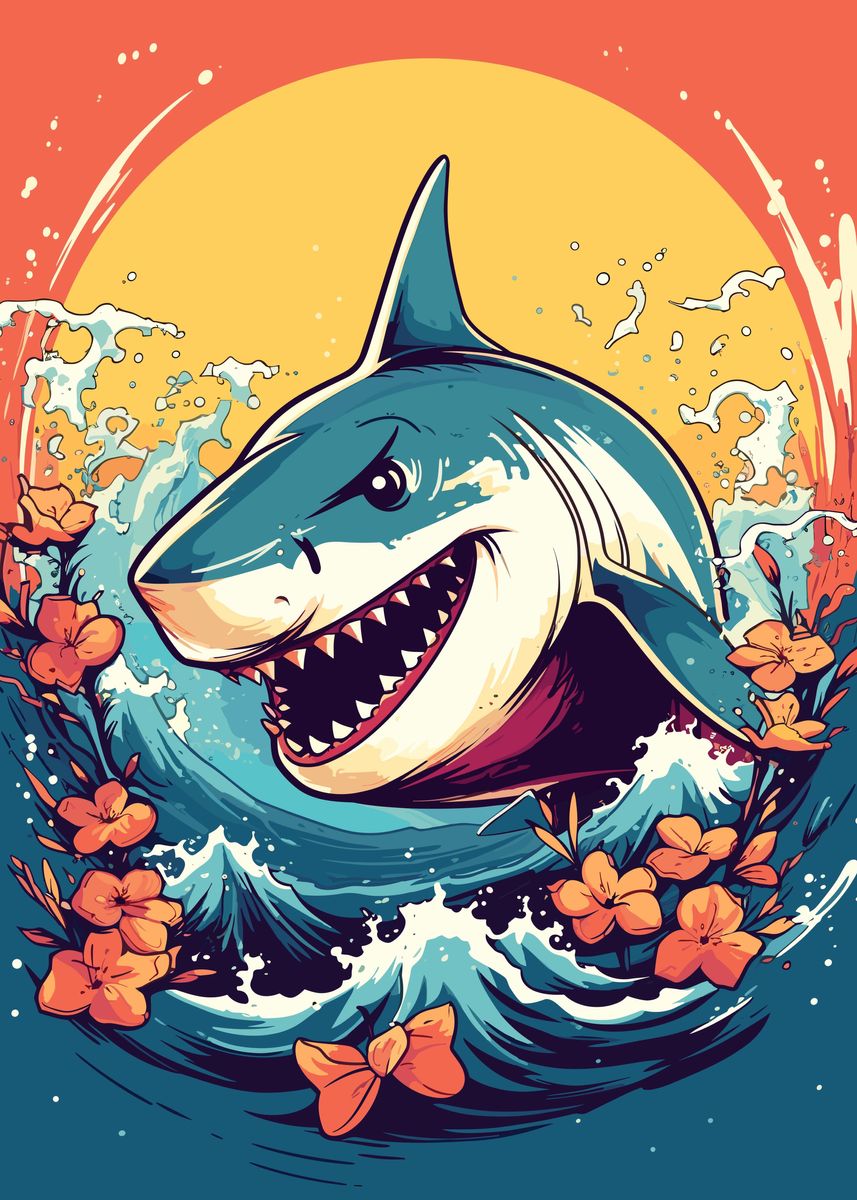 'Shark Japan Great wave' Poster, picture, metal print, paint by ...