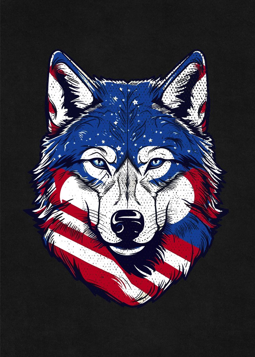 'Wolf US Flag Patriotic' Poster, picture, metal print, paint by Berly ...
