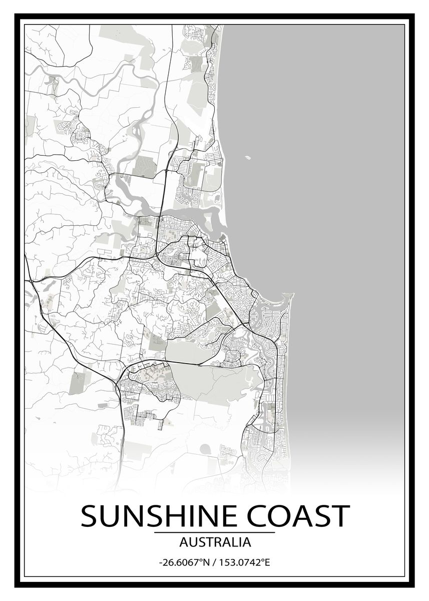'Sunshine Coast White Map' Poster, picture, metal print, paint by Wall ...