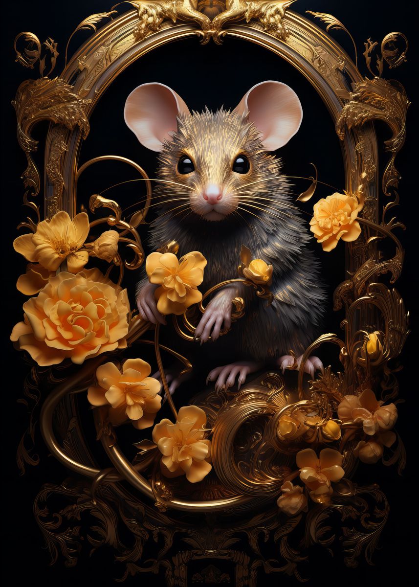 'Gold Mouse and flowers' Poster, picture, metal print, paint by Art ...