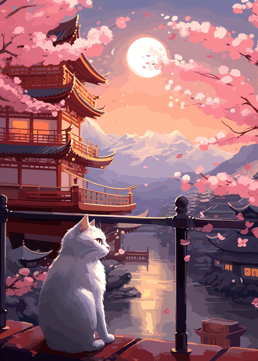'The Moon Night Cat Japan' Poster, picture, metal print, paint by Ali ...