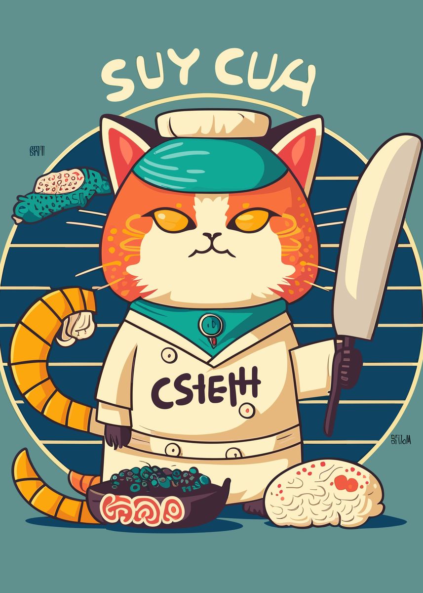 'sushi cat chef japan' Poster, picture, metal print, paint by MICHELLE ...
