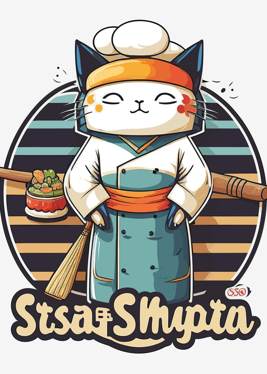 'sushi cat chef japan' Poster, picture, metal print, paint by MICHELLE ...