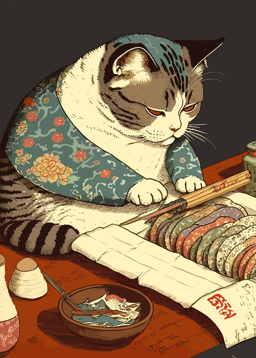 'sushi cat chef japan' Poster, picture, metal print, paint by MICHELLE ...