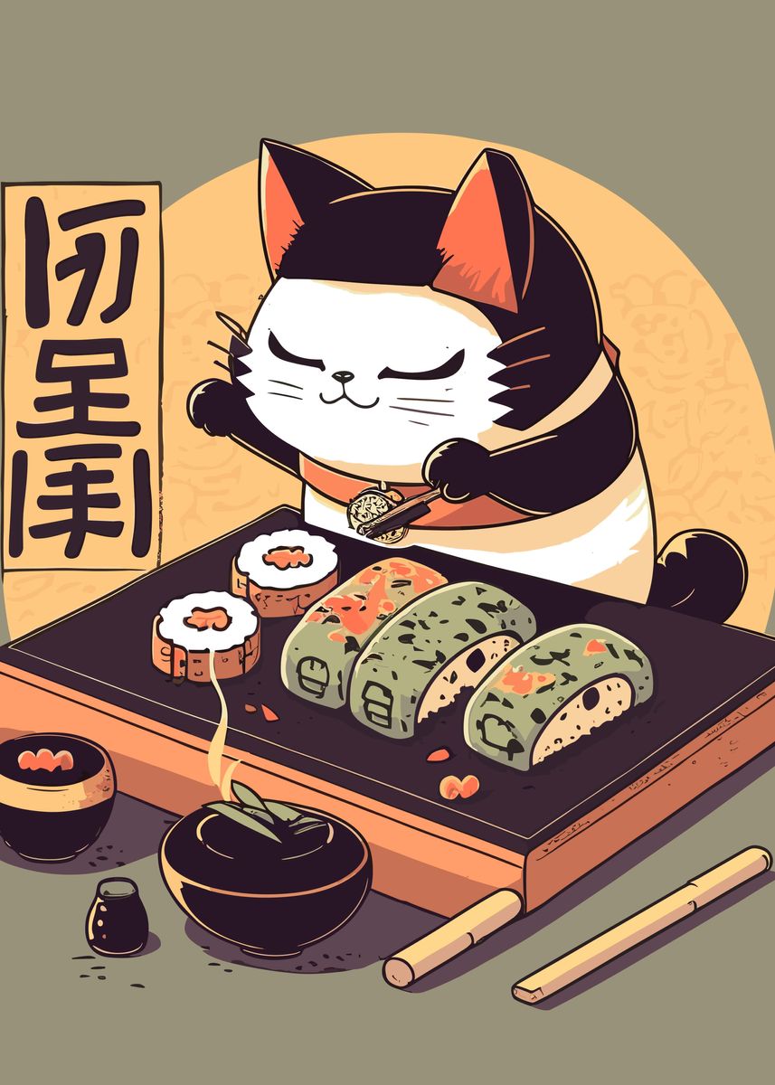 'sushi cat chef japan' Poster, picture, metal print, paint by MICHELLE ...