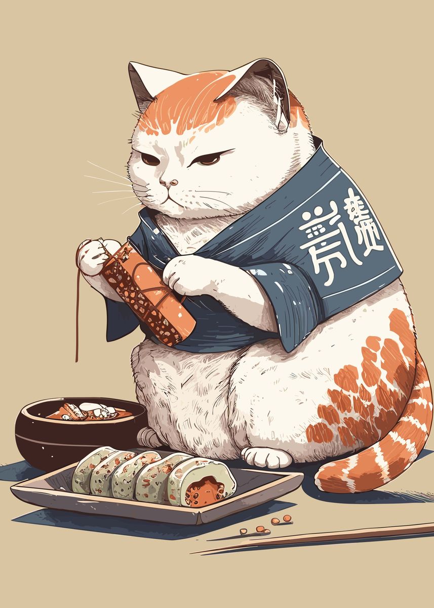 'sushi cat chef japan' Poster, picture, metal print, paint by MICHELLE ...