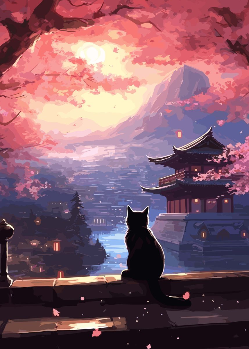 'The Moon Night Cat Japan' Poster, picture, metal print, paint by Ali Jane | Displate