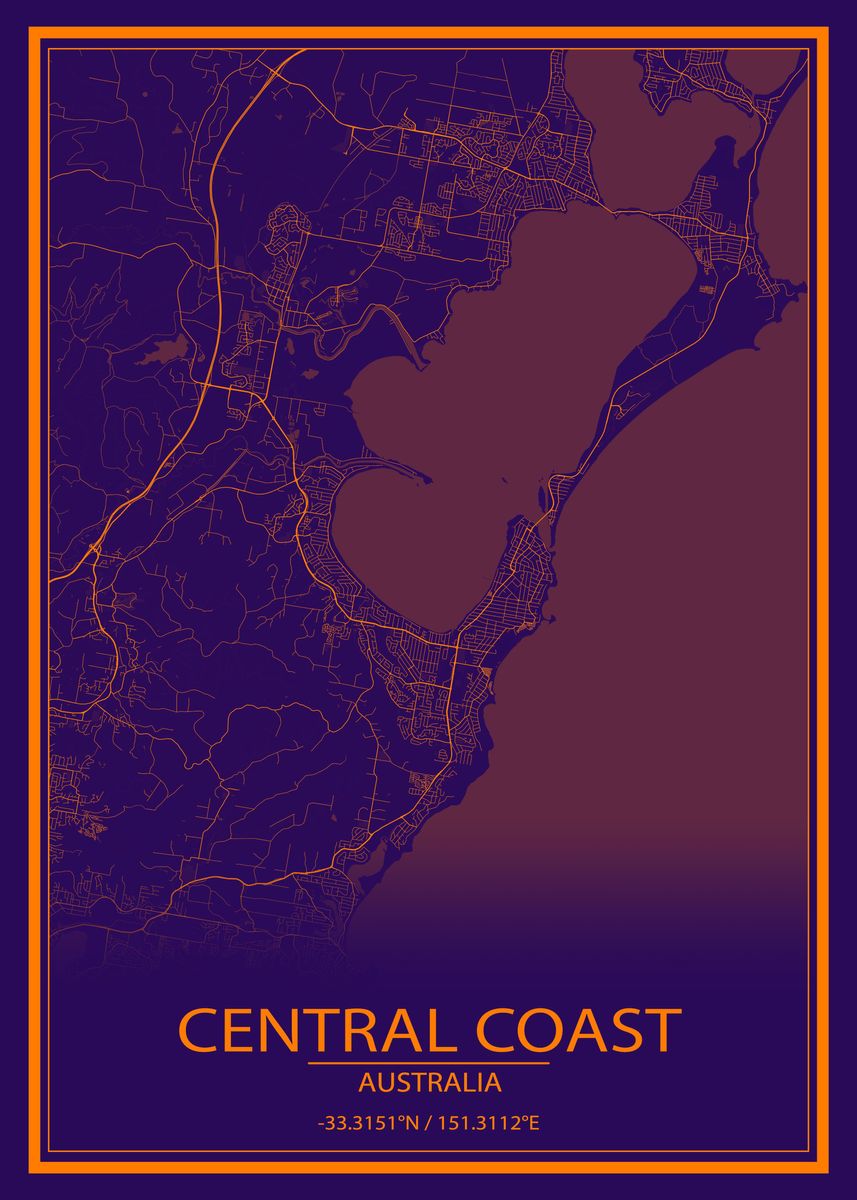 'Central Coast Purple Map' Poster, picture, metal print, paint by Wall Art Physical | Displate