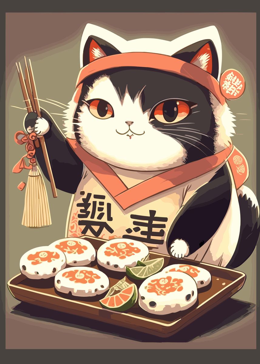 'sushi cat chef japan' Poster, picture, metal print, paint by MICHELLE ...
