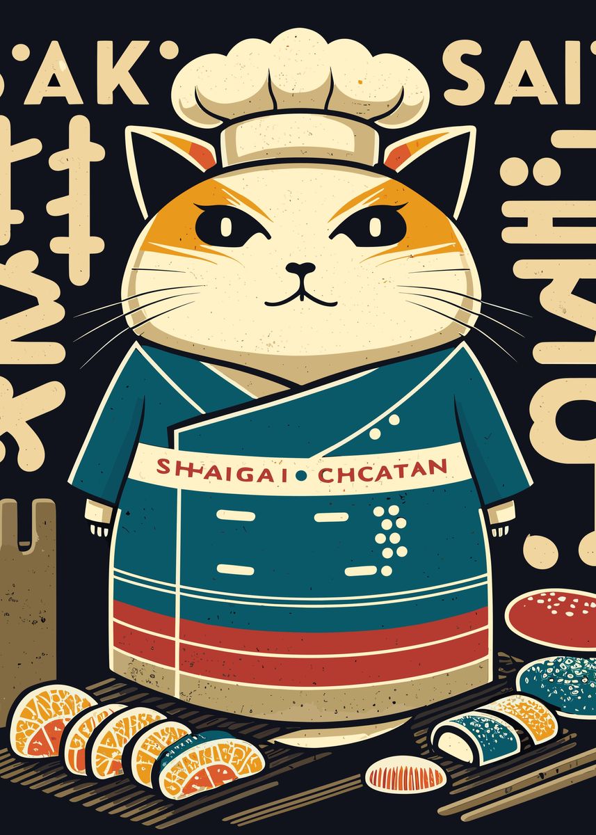 'sushi cat chef japan' Poster, picture, metal print, paint by MICHELLE ...