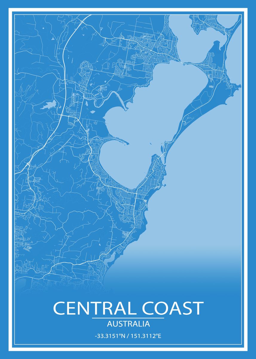 'Central Coast Blue CityMap' Poster, picture, metal print, paint by ...