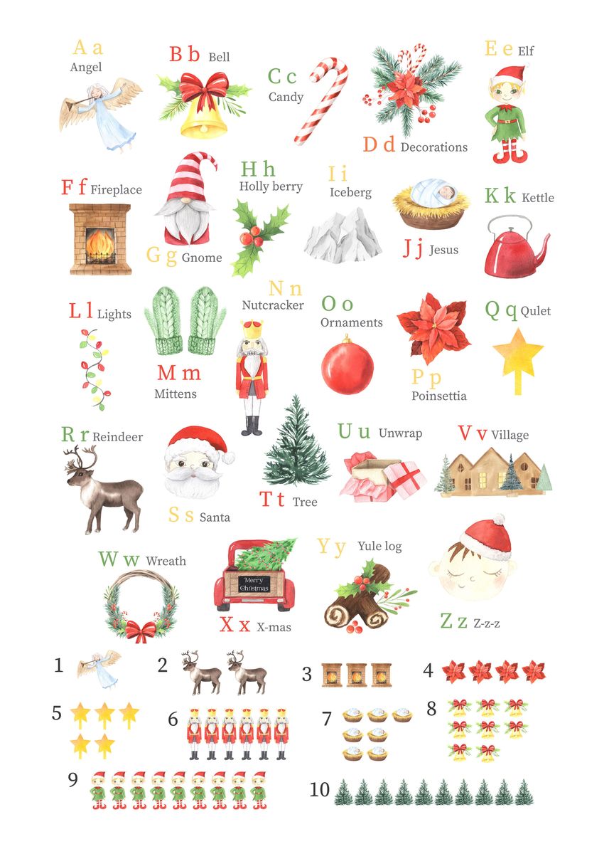 'Christmas Alphabet Numbers' Poster, picture, metal print, paint by ...