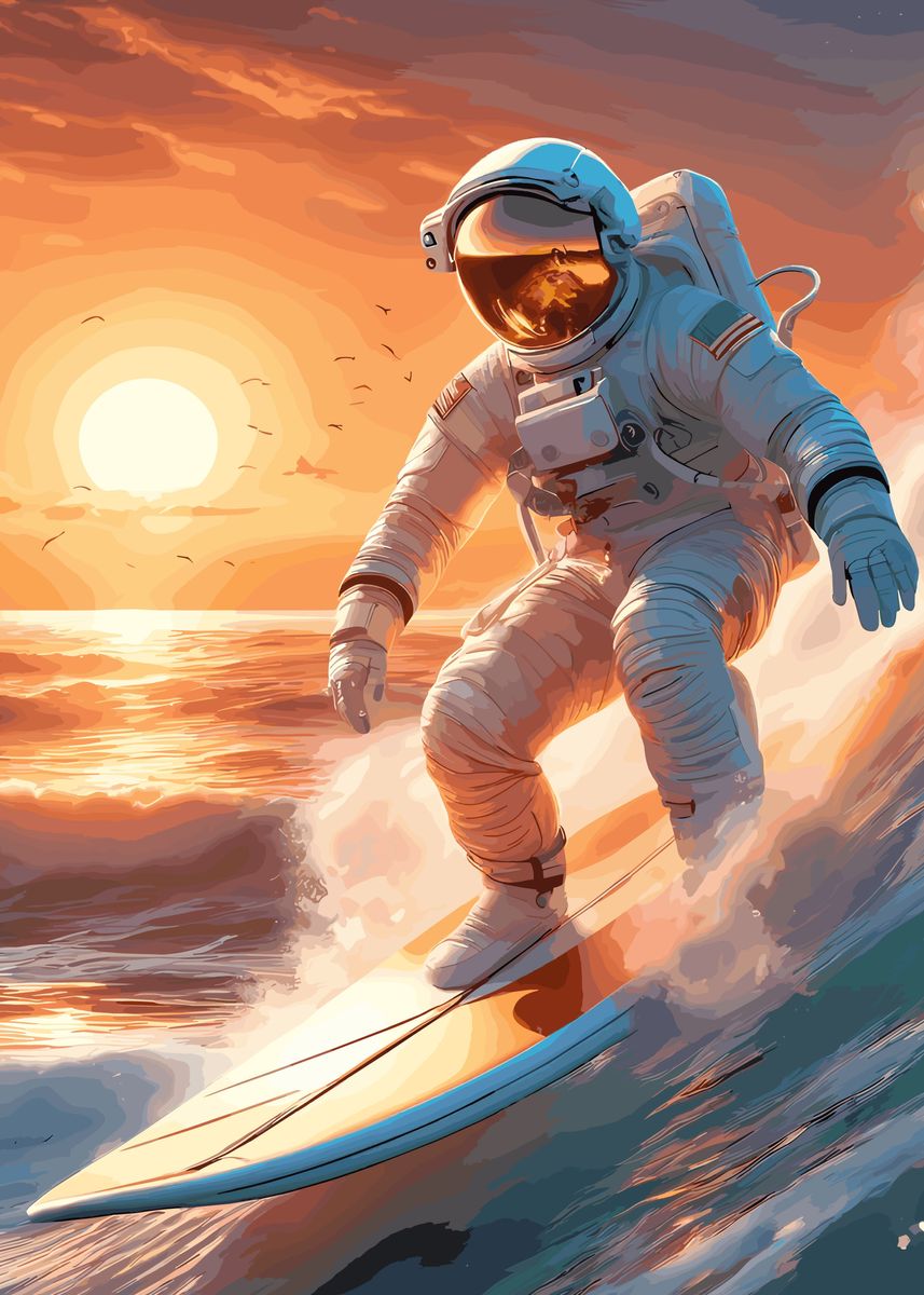 'Astronaut surfing in ocean' Poster, picture, metal print, paint by ...