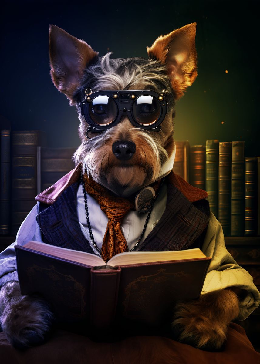 'funny Dog reading a book' Poster, picture, metal print, paint by ...