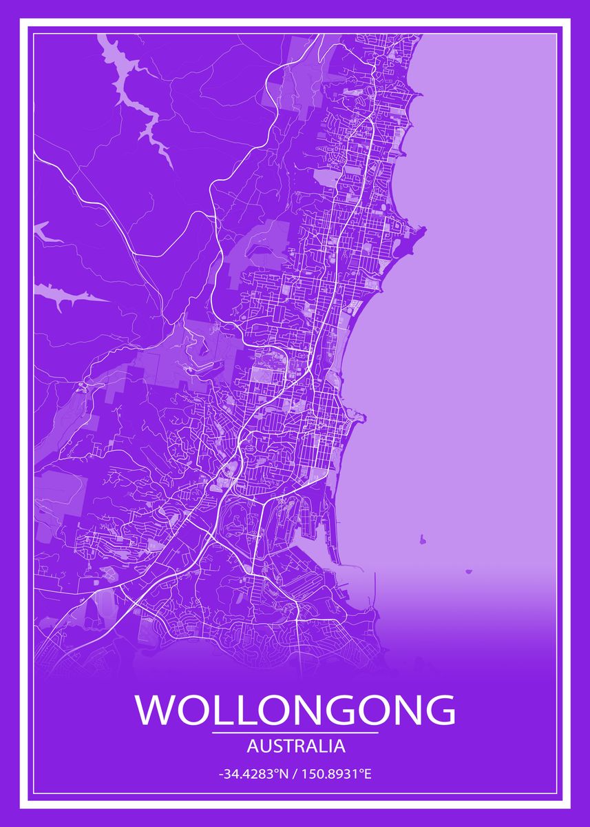 'Wollongong PurpleWhite Map' Poster by Wall Art Physical | Displate