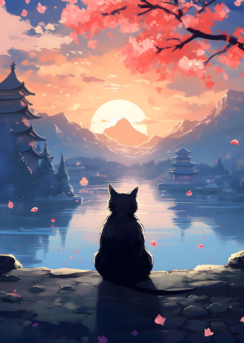 'The Moon Night Cat Japan' Poster, picture, metal print, paint by Rogue ...