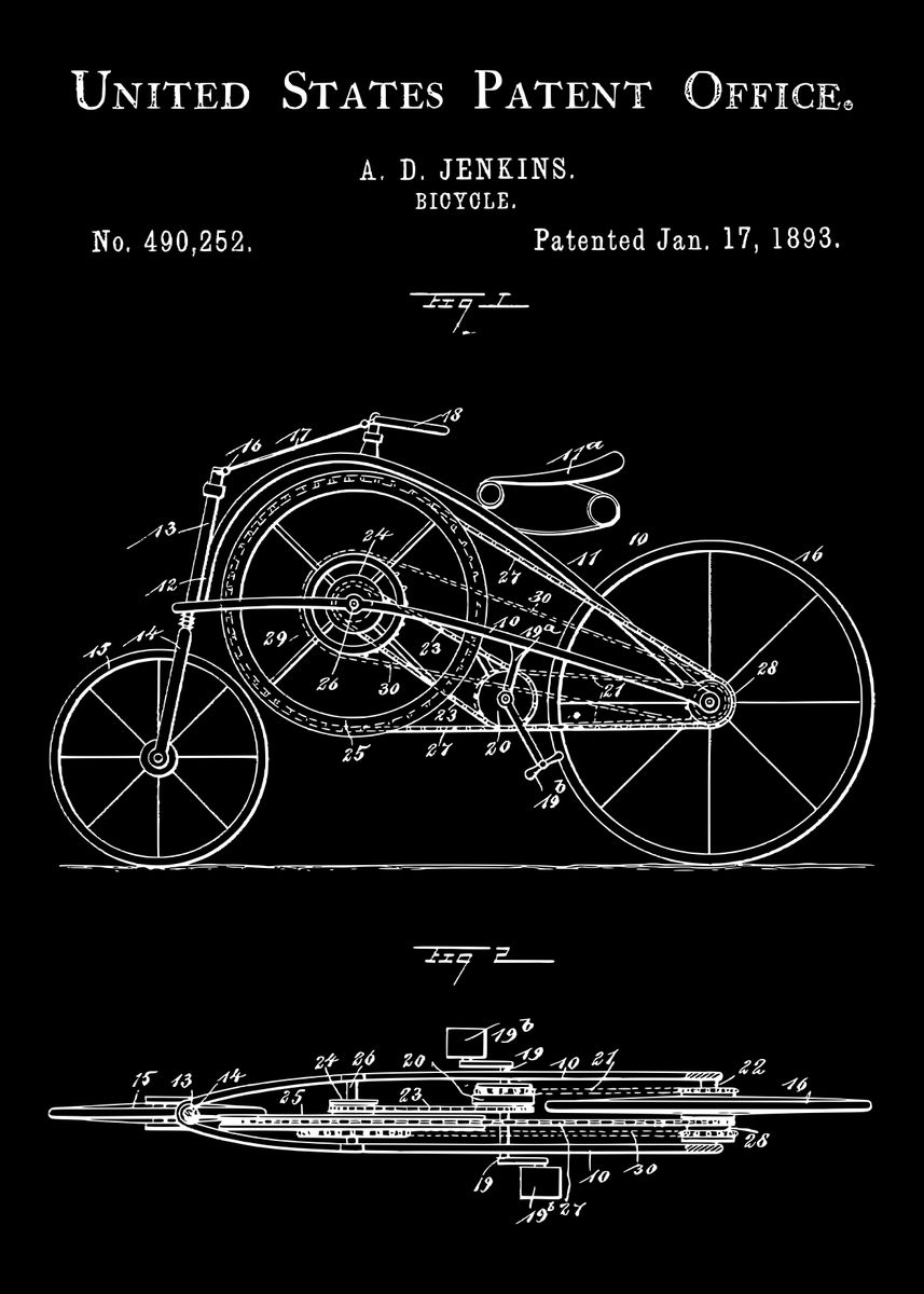 'Bicycle patent' Poster, picture, metal print, paint by Sam Kal | Displate