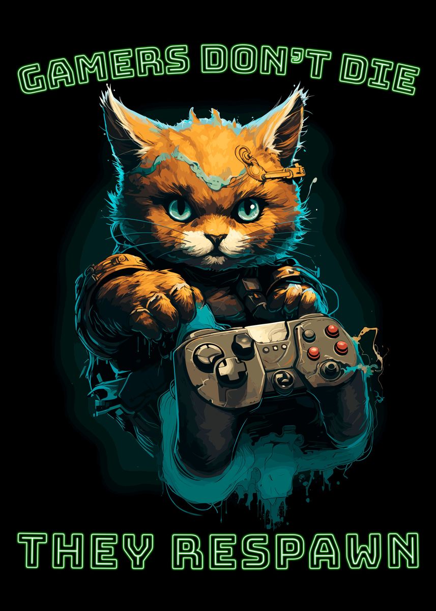 'Gamer Cat Funny' Poster, picture, metal print, paint by George Clarke ...