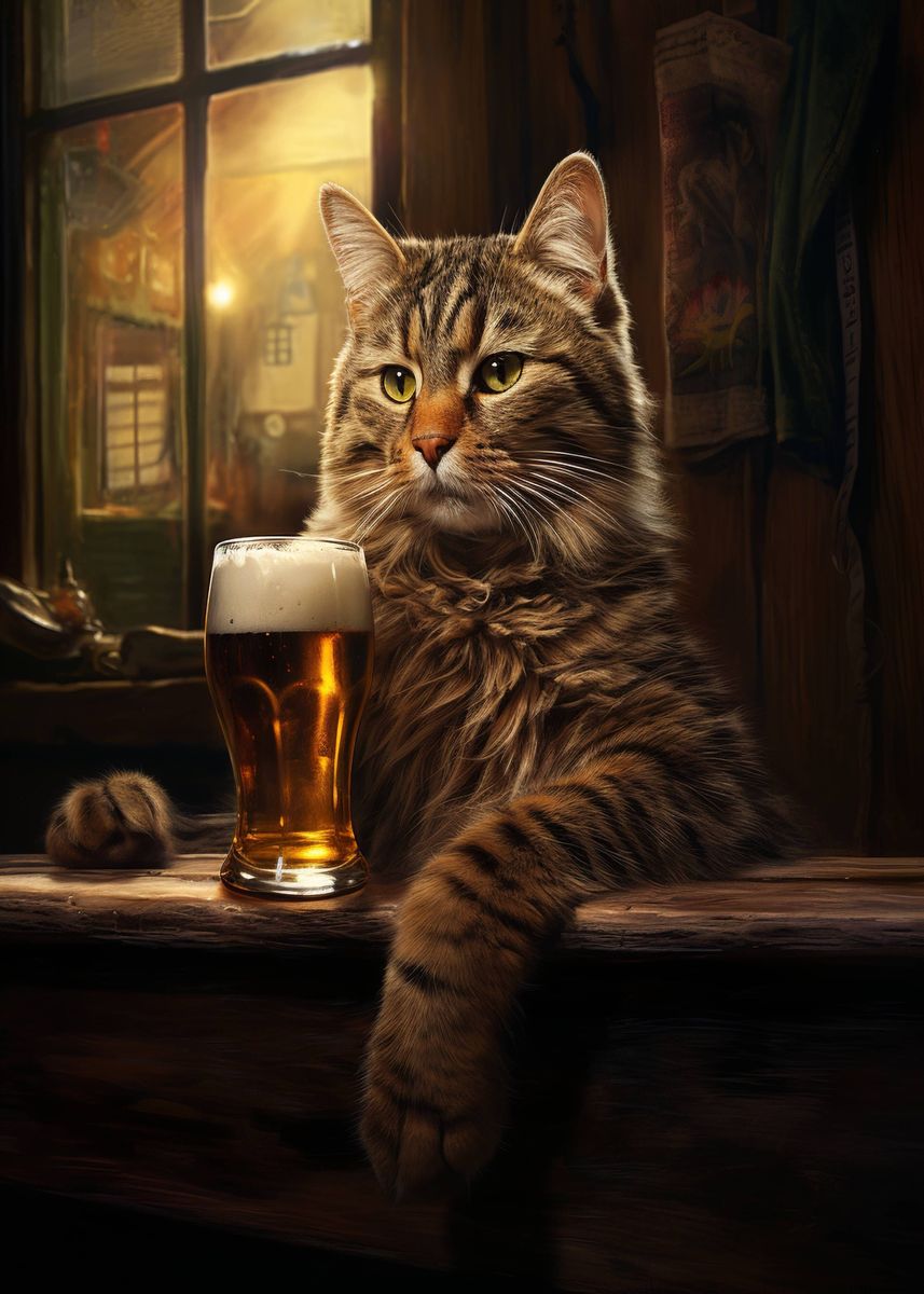 'cat in bar beer' Poster, picture, metal print, paint by EDSON RAMOS ...