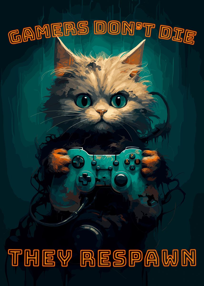'Funny Gamer Cat' Poster, picture, metal print, paint by George Clarke ...