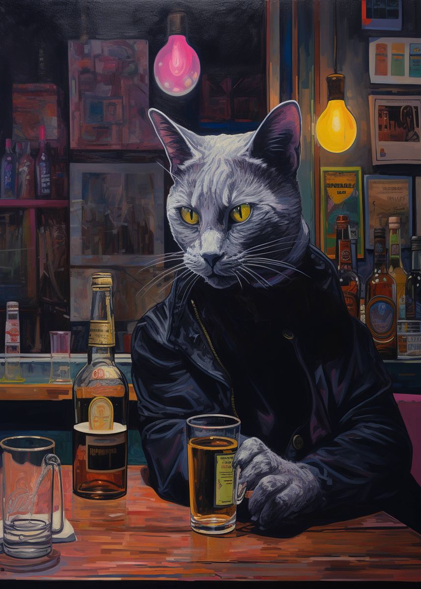 'cat in the bar ' Poster, picture, metal print, paint by EDSON RAMOS ...