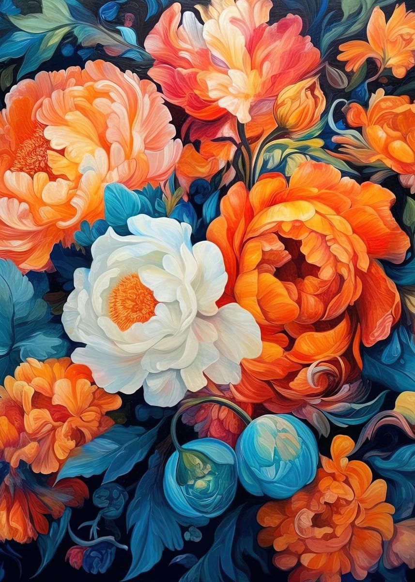 'Baroque Dark Cyan Flowers' Poster, picture, metal print, paint by ...