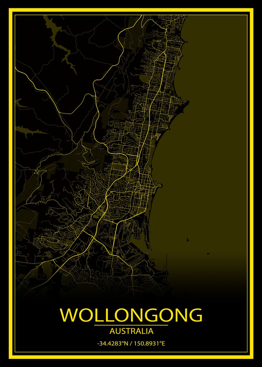'Wollongong BlackYellow Map' Poster by Wall Art Physical | Displate